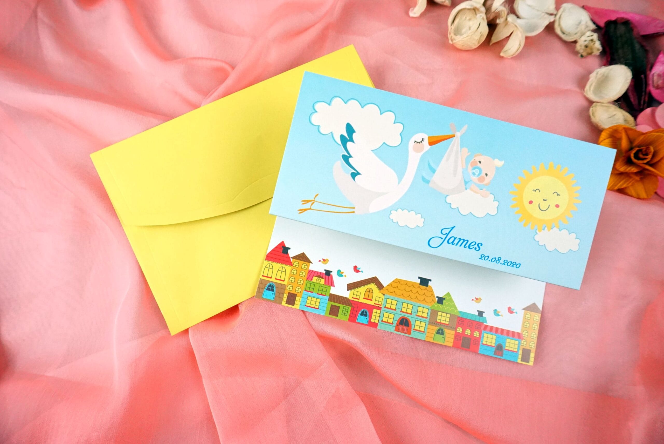 Invitatii botez model barza cu bebe in cioc bleu 11.3 x 17 cm | Super ...
